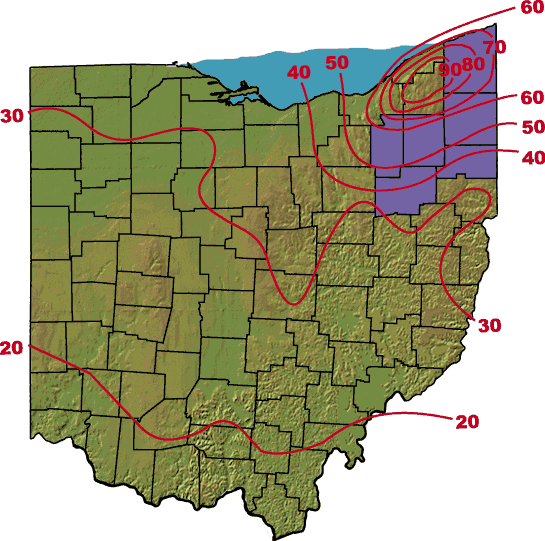 Ohio Map of Average Snowfall - Jackson Township, Stark County, Ohio